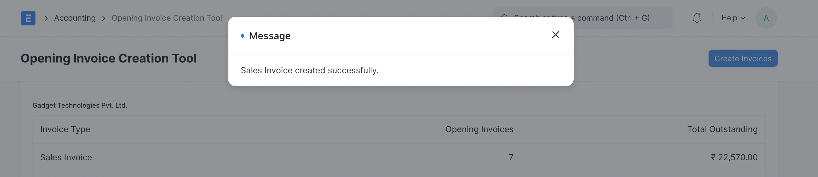 Success Message doesn't appear on successful invoice creation through Opening Invoice Creation ...