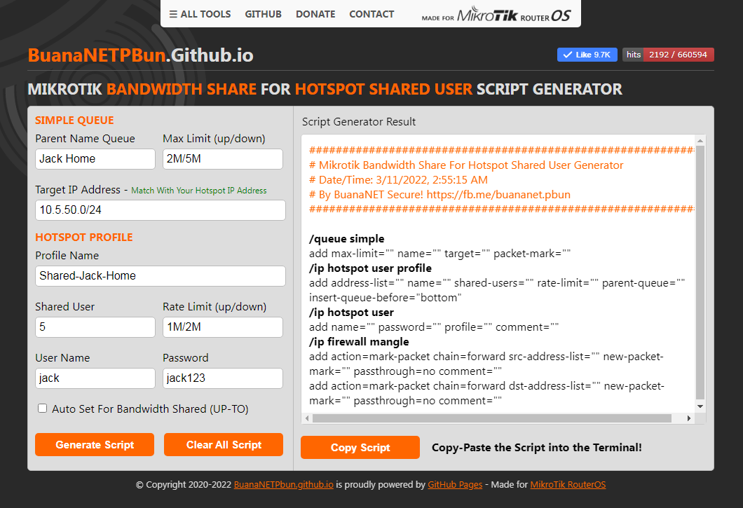 Mikrotik Bandwidth Share For Hotspot Shared User Generator - Buananet.com