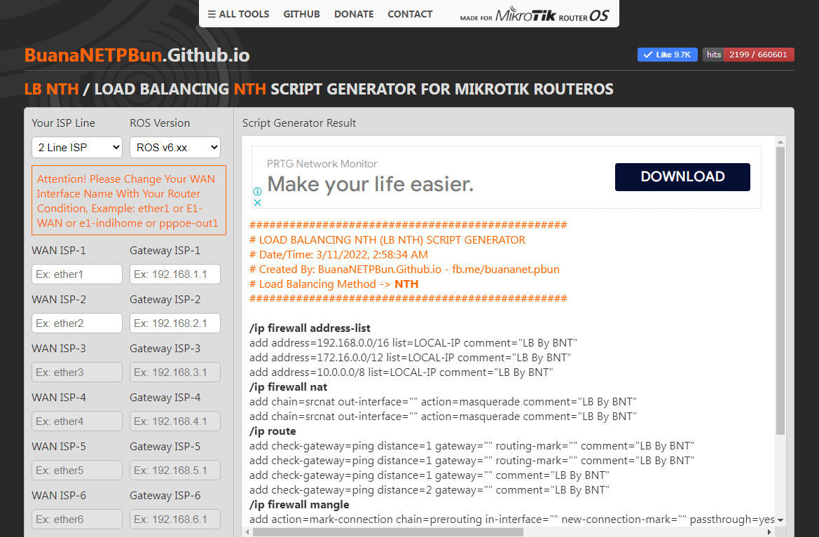 Load Balancing NTH (LB NTH) Mikrotik Script Generator - Buananet.com