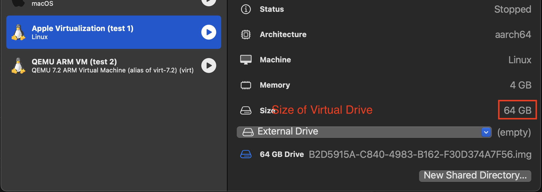 "Size" has two completely different meanings in the UI: size of virtual drive (when using Apple ...