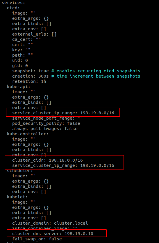 Validate setting service_cluster_ip_range, cluster_cidr, service_cluster_ip_range, cluster_dns ...
