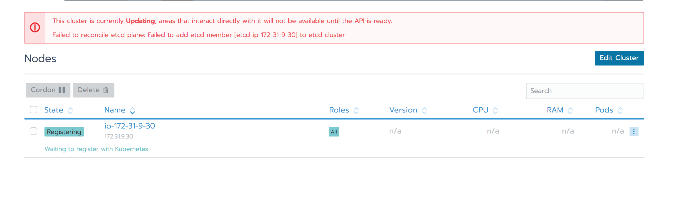After Deleting All Nodes From Custom Cluster Not Able To Add New Nodes To The Cluster · Issue