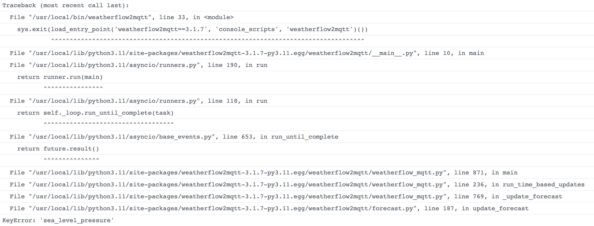 Error running KeyError: 'sea_level_pressure' · Issue #234 · briis/hass-weatherflow2mqtt · GitHub