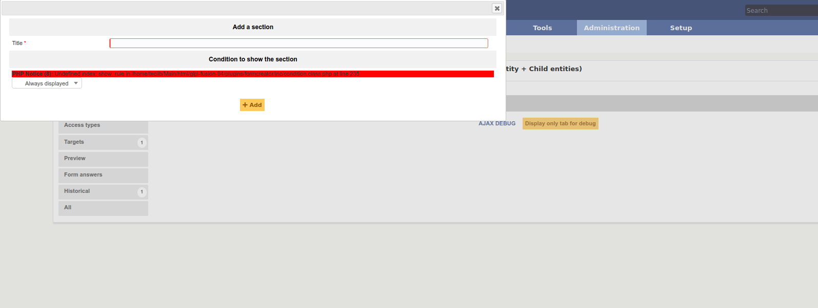 [2.11] Modal misplaced + warning on new section · Issue #1774 · pluginsGLPI/formcreator · GitHub