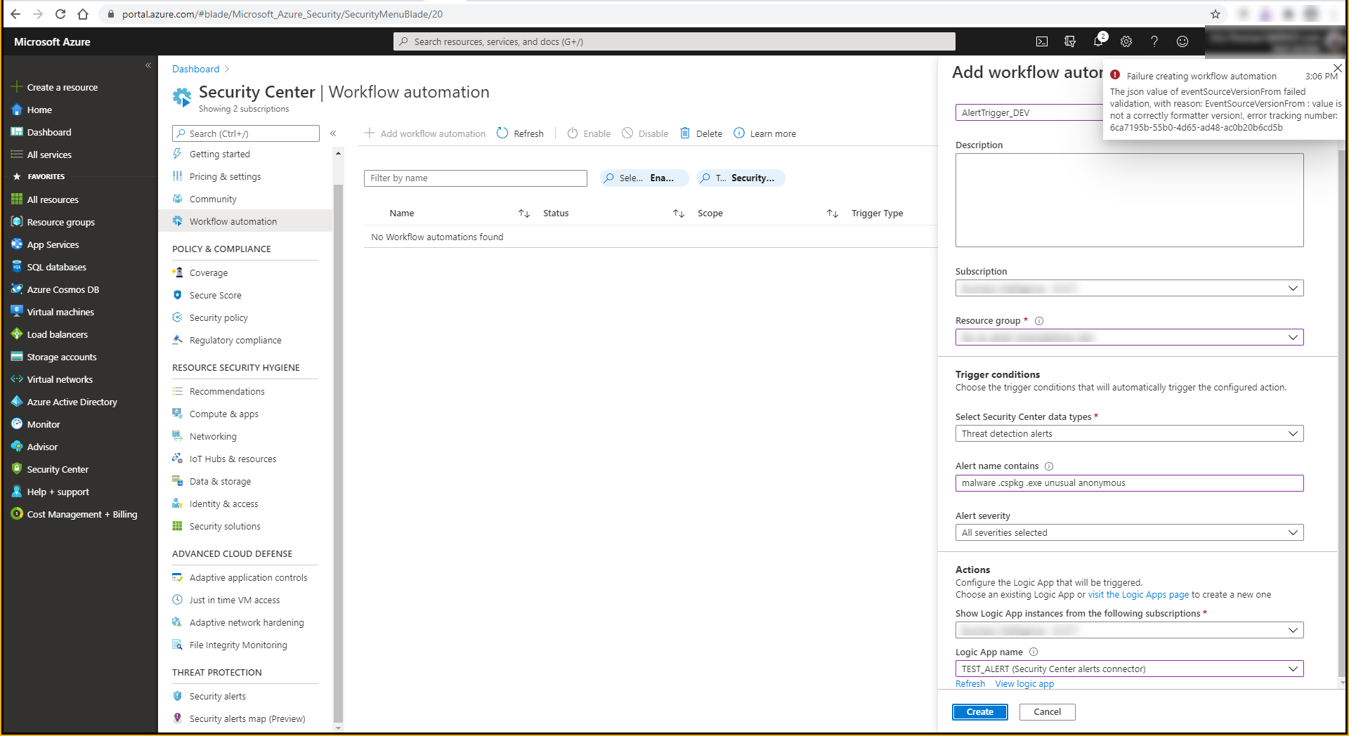 Unable To Create Workflow Automation EventSourceVersionFrom Error