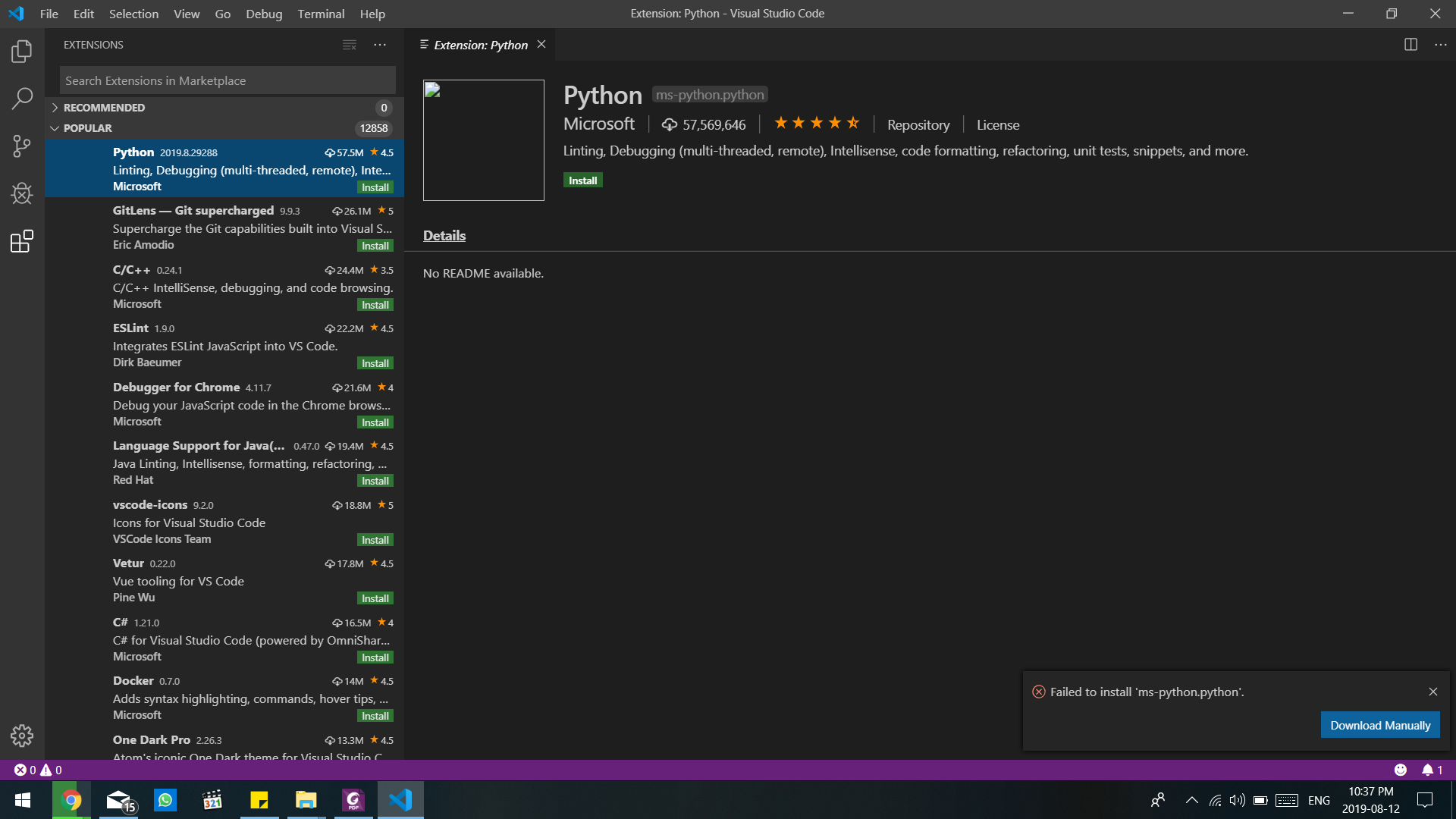 Not able to install any extension from the extensions marketplace ...