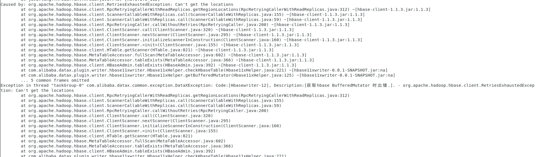 获取hbase BufferedMutator 时出错- org.apache.hadoop.hbase.client.RetriesExhaustedException: Can't get ...