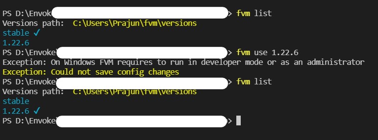 [BUG] Still throw exception while running fvm use command in developer ...