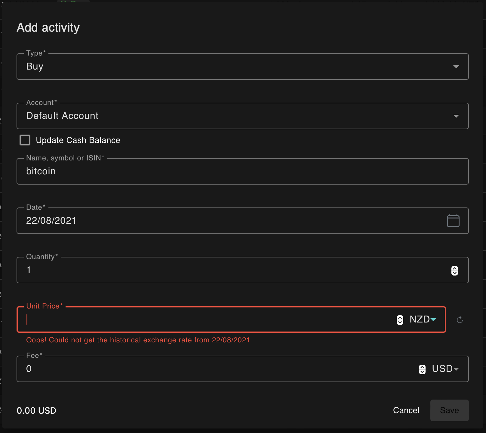 Receive the message "Oops! Could not get the historical exchange rate from [dd/mm/yyyy]" when ...