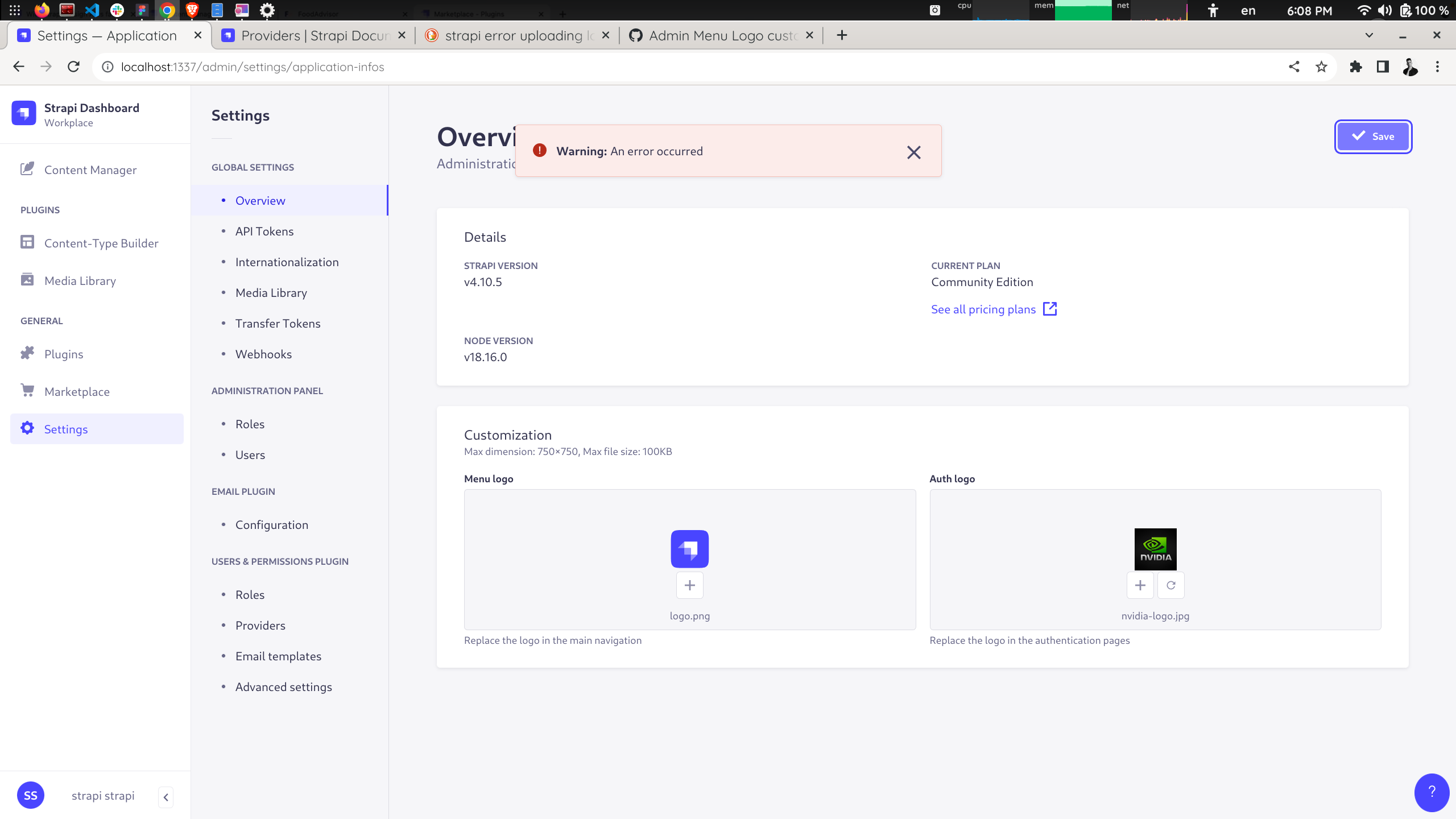 Error while uploading a custom auth logo inside admin UI · Issue #16778 · strapi/strapi · GitHub