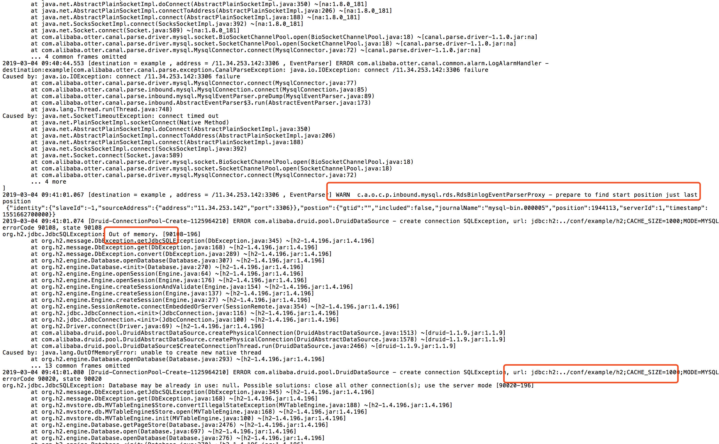 mysql掉线重连接之后报错org.h2.jdbc.JdbcSQLException: Out of memory · Issue #1566 · alibaba/canal · GitHub