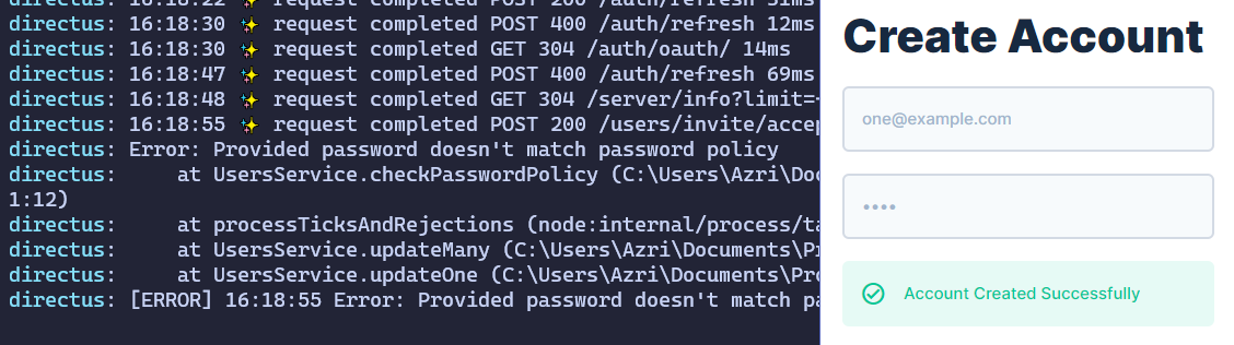 Registration with password that doesn't match policy crashes server ...