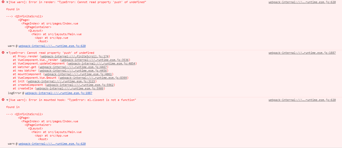 1.3.0: QInfiniteScroll error / no initial load when initialized with ...
