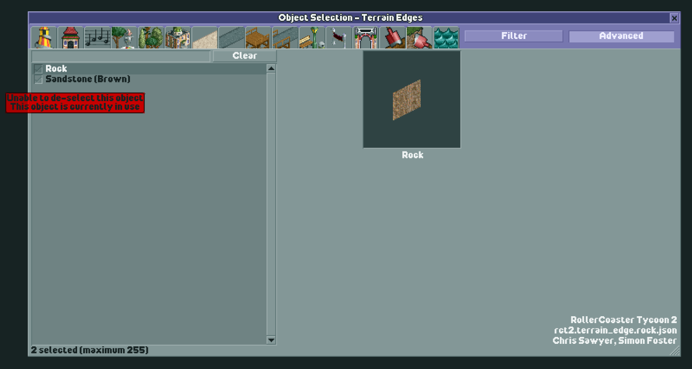 Grass and Rock terrain objects cannot be de-selected · Issue #20164 · OpenRCT2/OpenRCT2 · GitHub
