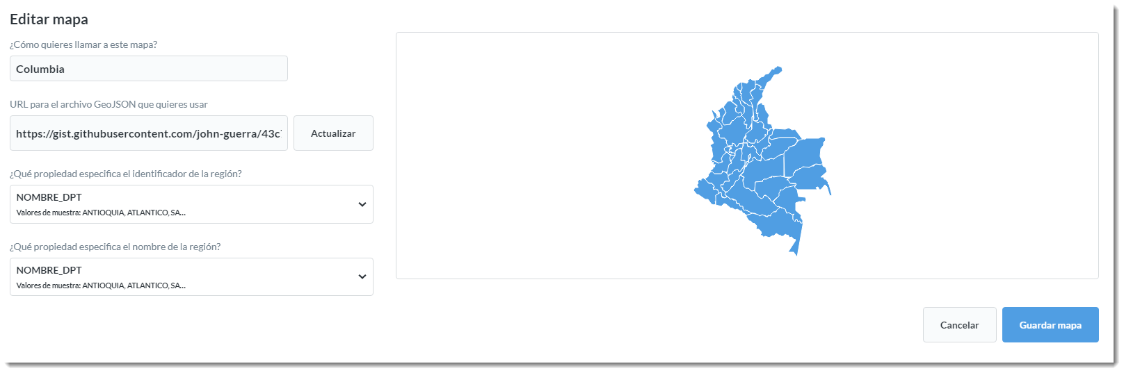Es posible que me compartas un geojson con colombia y todos sus ...