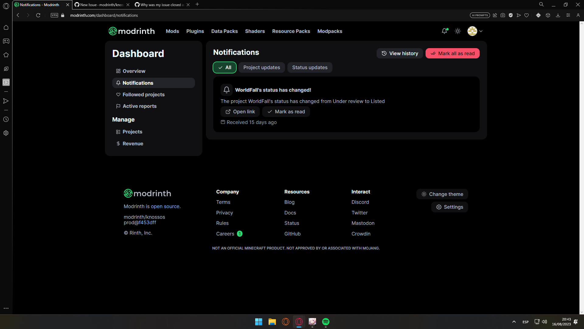 Error when refreshing notifications page · Issue #1309 · modrinth/knossos · GitHub