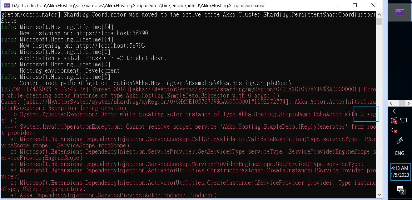 SimpleDemo Execution Exception · Issue #179 · akkadotnet/Akka.Hosting · GitHub