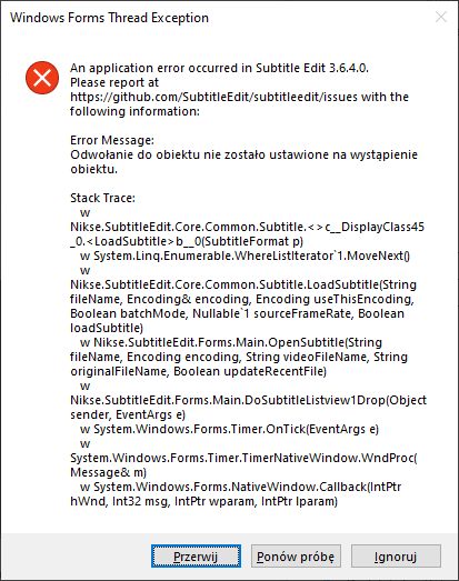 SE 3.6.4: Timed Text Properties [Windows Forms Thread Exception] · Issue #5592 · SubtitleEdit ...