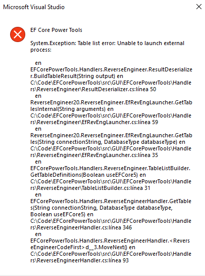 Error reverse engineer after picking database connection EF Core Power Tools version: Version 2 ...