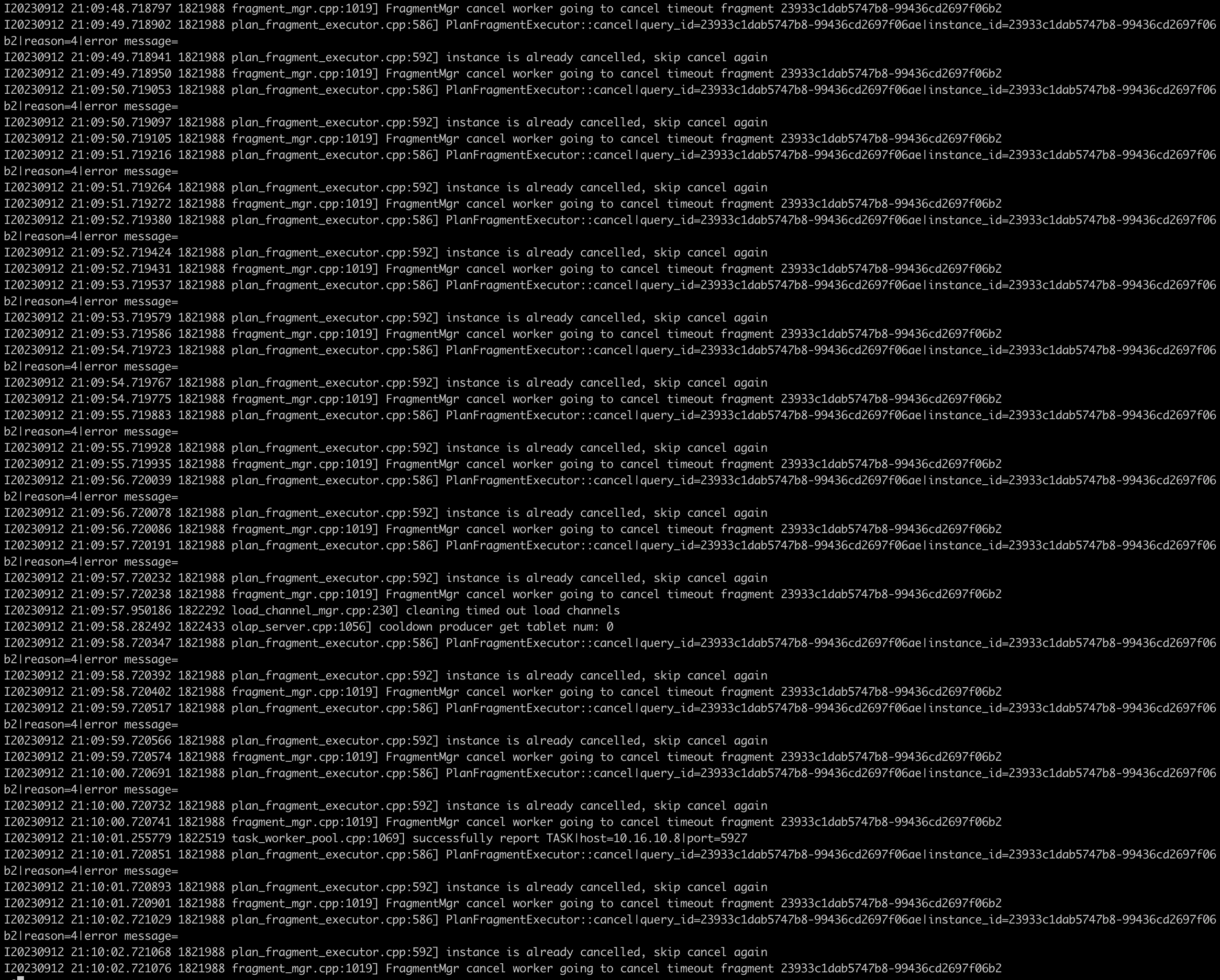 [bug] Strange Log Cancel Query Related · Issue 24266 · Apache Doris · Github