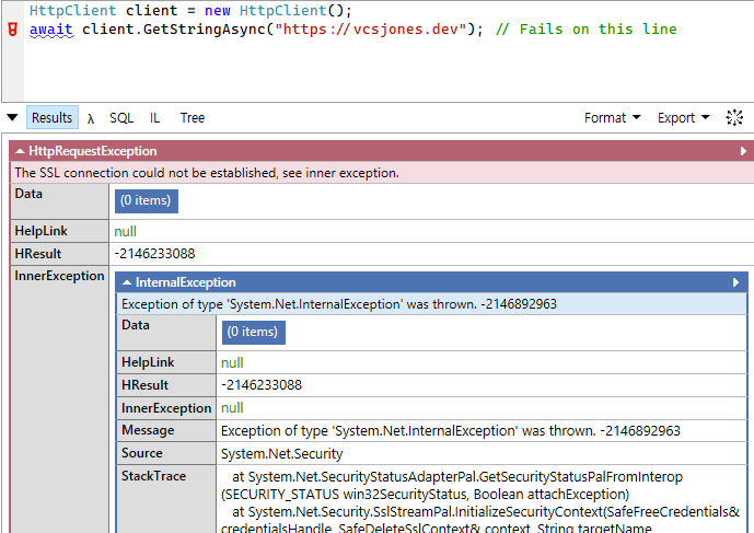 Getting "The SSL connection could not be established" error when connecting to a certain website ...
