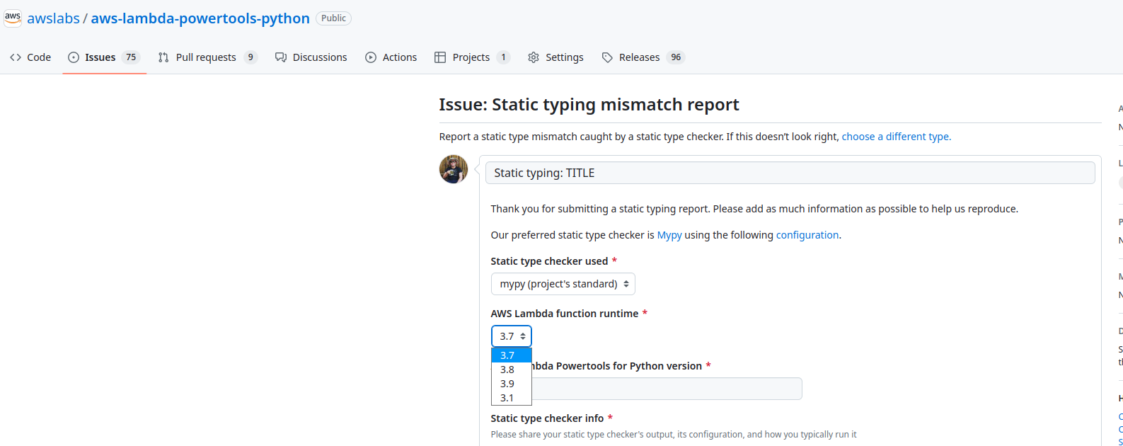 Maintenance Fix Python Version In Issue Templates · Issue 2274 · Aws Powertoolspowertools 