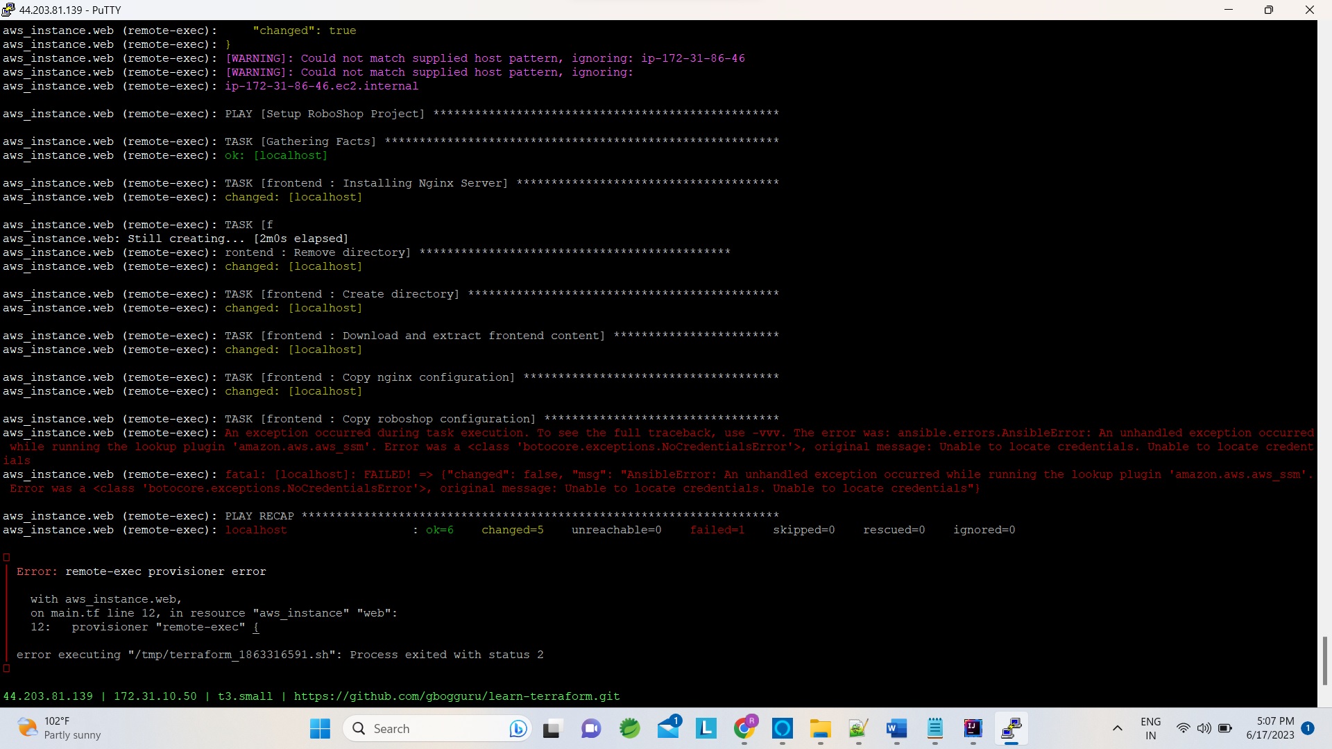 Error was a , original message: Unable to locate credentials. Unable to locate credentials ...