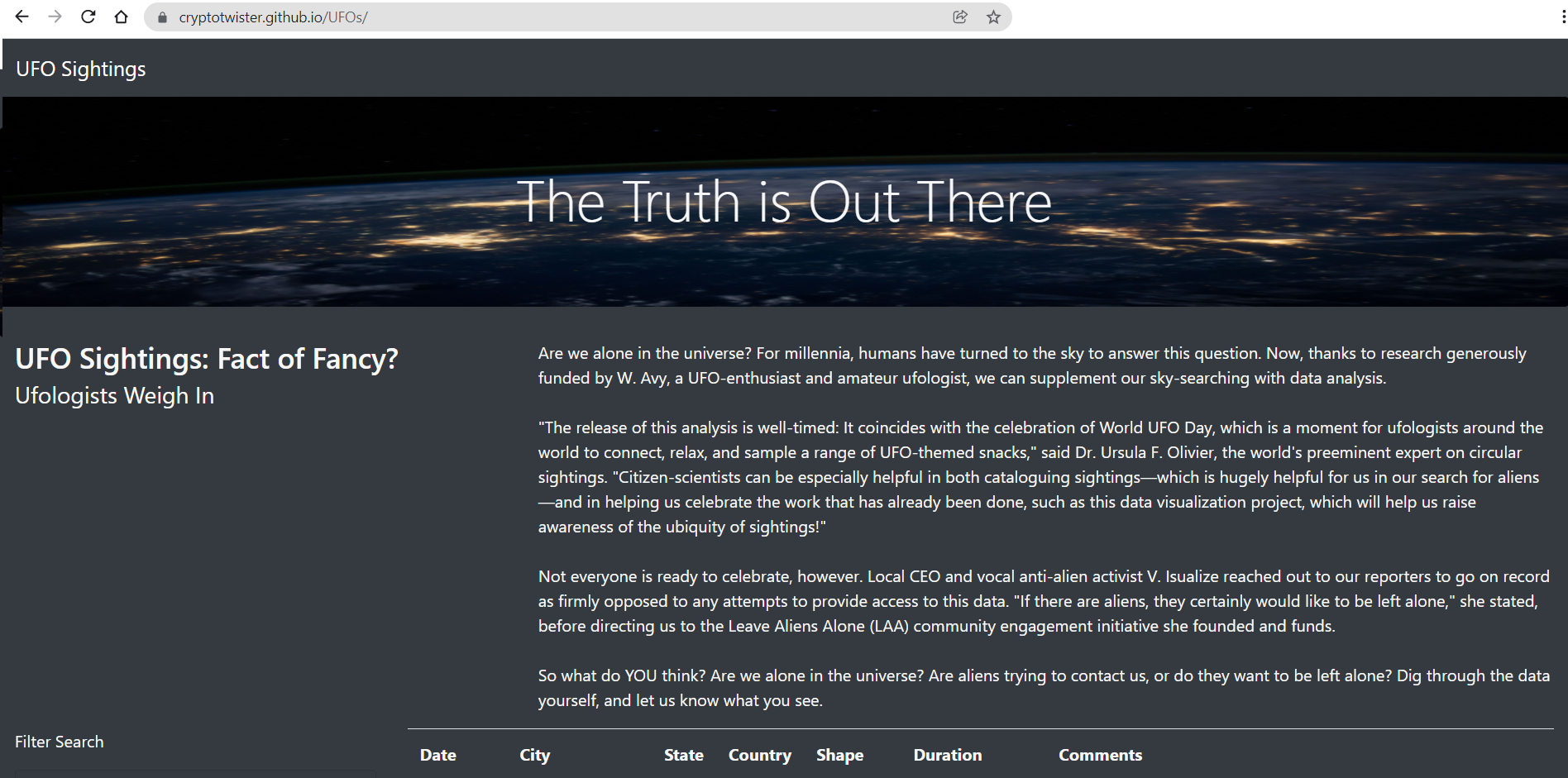 GitHub - Cryptotwister/UFOs: Create a website dedicated to UFO enthusiasts having data about UFO ...
