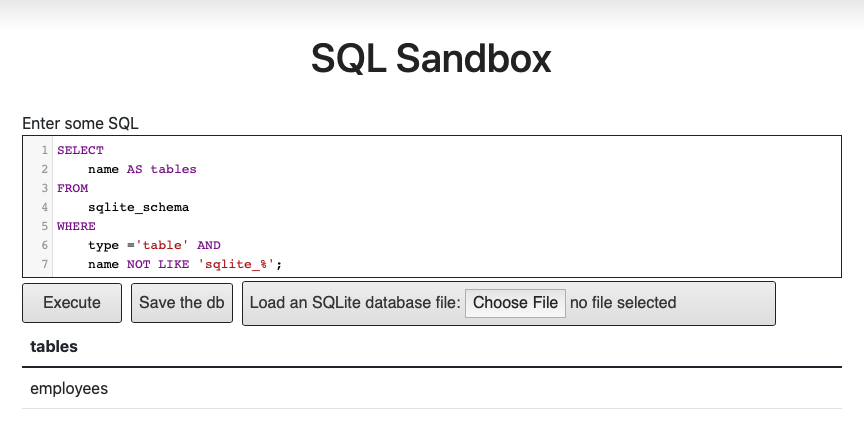 Sandbox Section: Save the DB button contains only basic select ...
