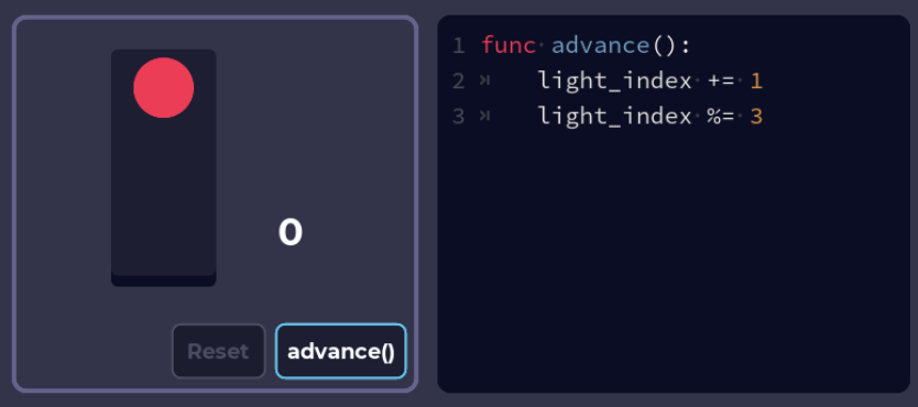 Lesson 15 Modulo: traffic light advance() button not working in example · Issue #683 · GDQuest ...