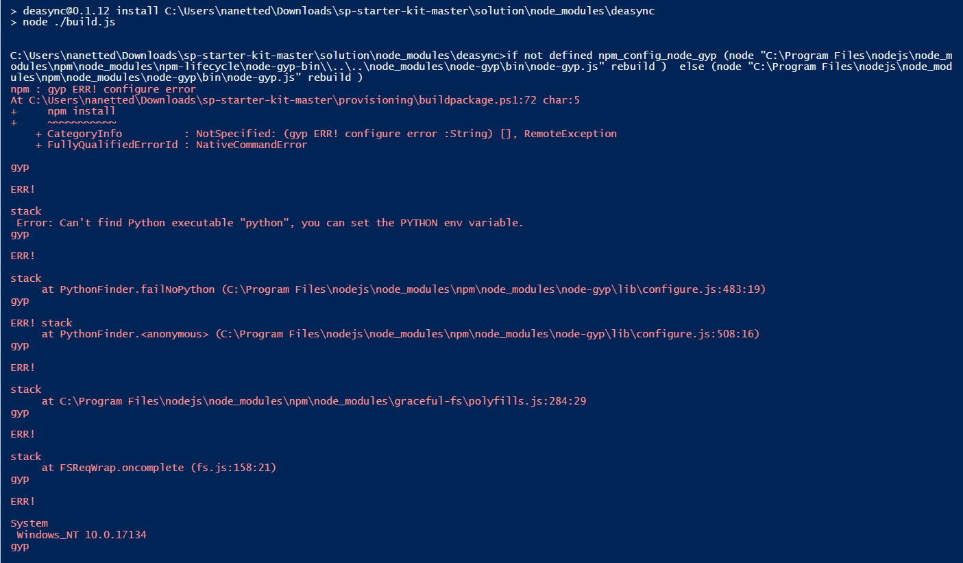 GYP and NPM Errors when running scripts. · Issue #74 · pnp/sp-starter-kit · GitHub