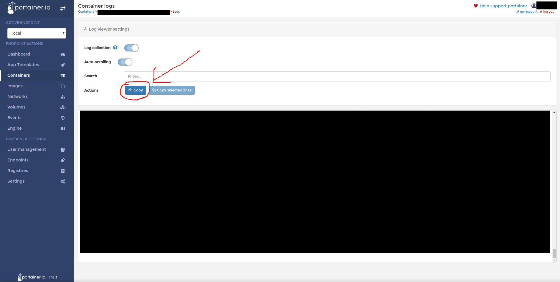 Copy logs button not works · Issue #1708 · portainer/portainer · GitHub