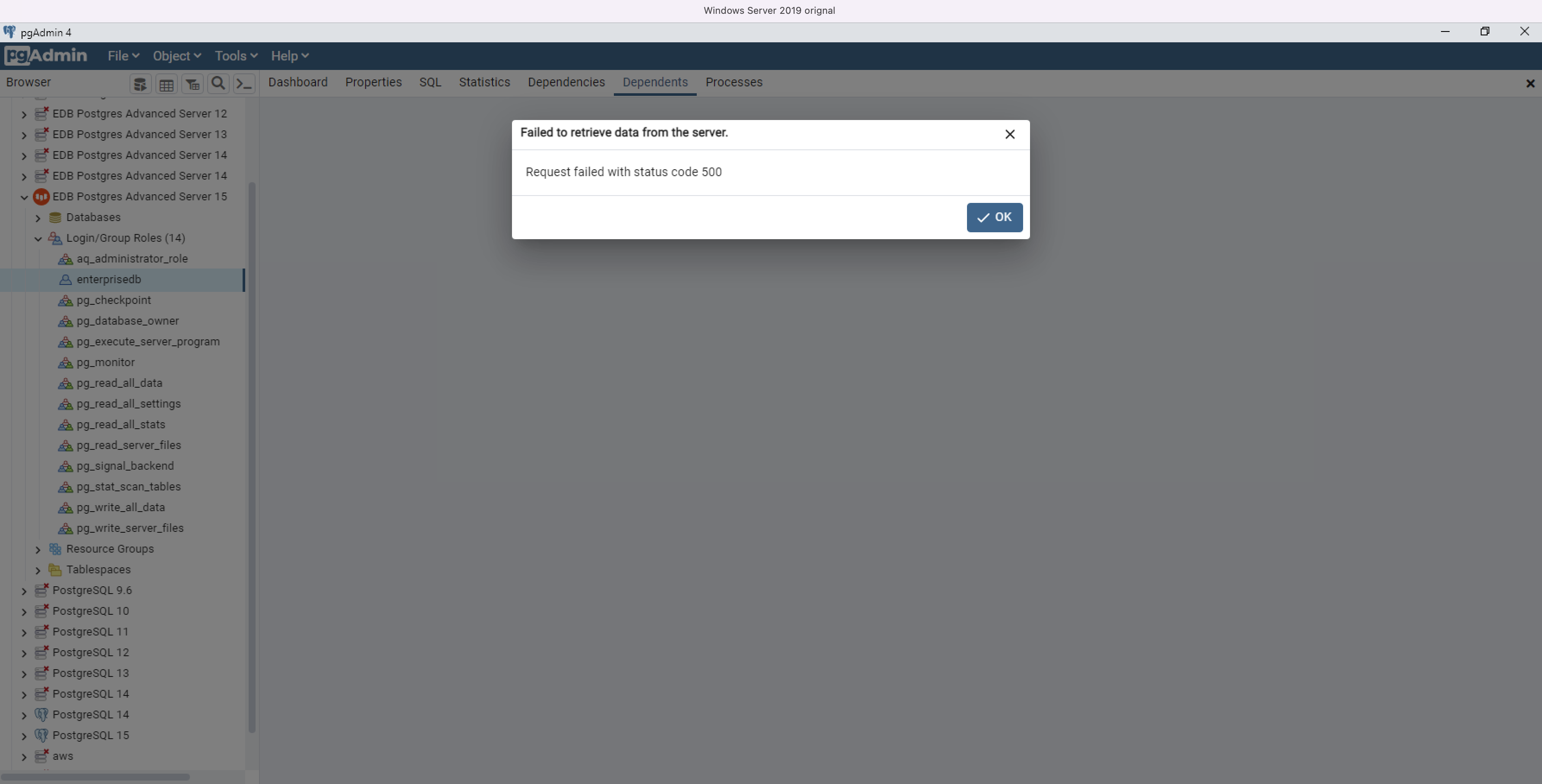 {EPAS-15/PG-15] Error Message displayed if Click on dependencies Tab for user · Issue #5455 ...