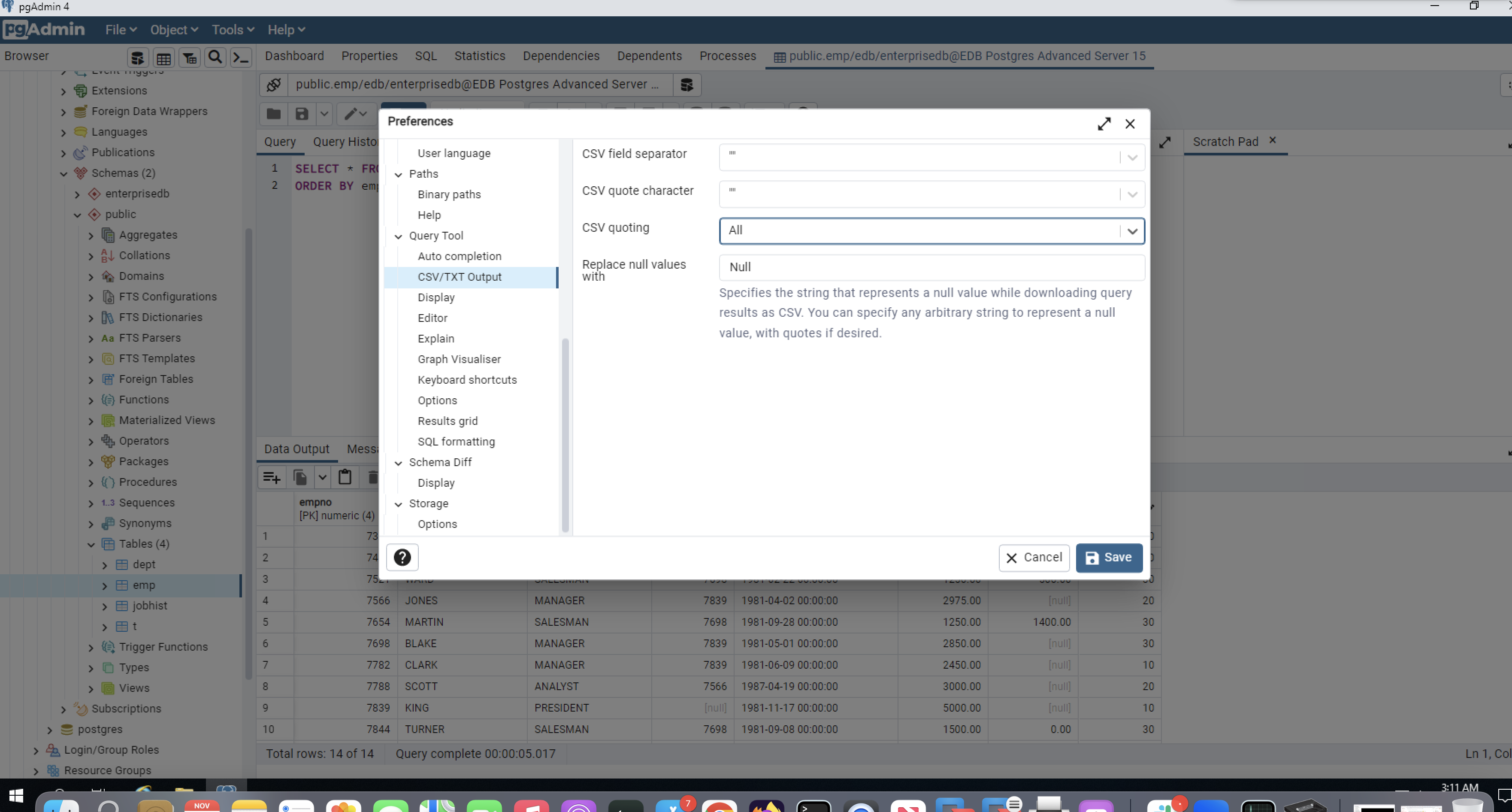 Internal server error displayed if CSV field separator and CSV quote character contain "" and ...