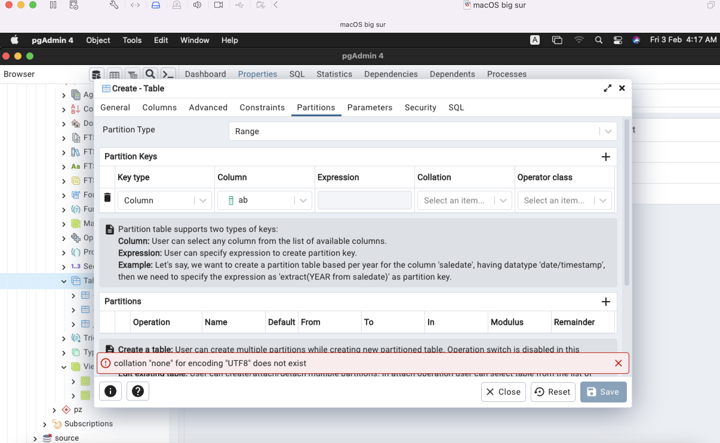 "Collation none for encoding for UTF8 does not exist" if the user deselects Collation after ...