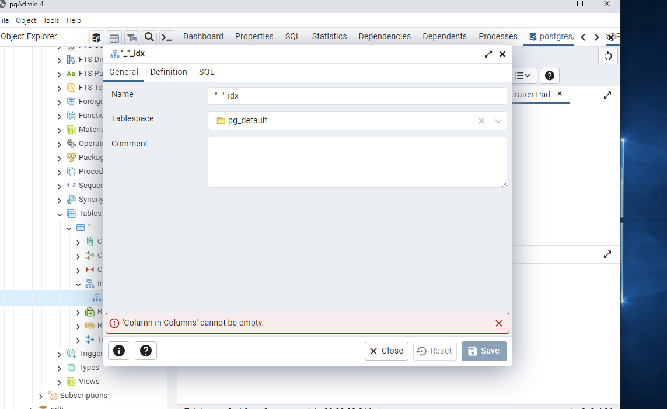 The Index Column Is Not Shown In The Properties Dialogue If The Column Name Contains Double