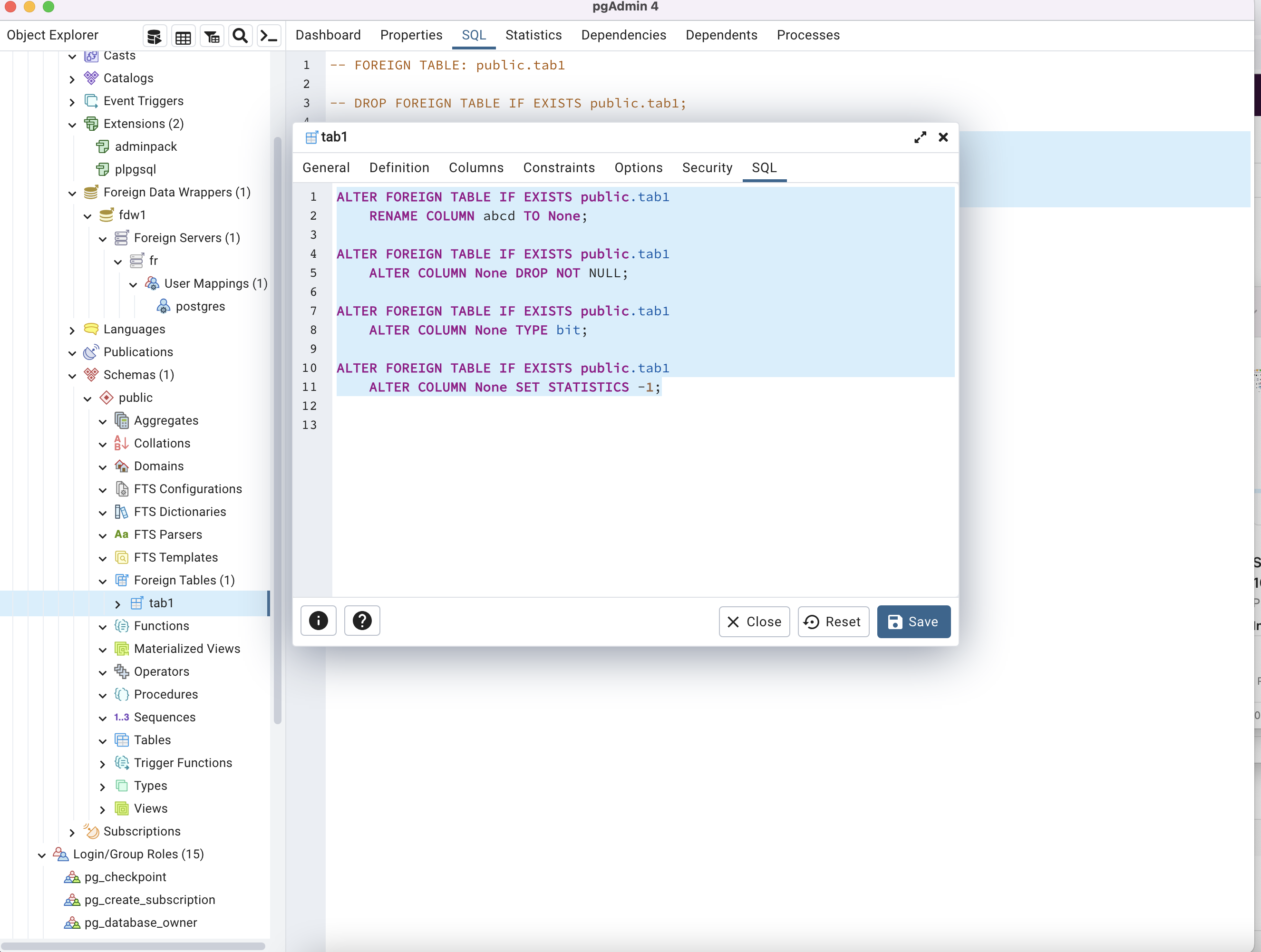 If user change any data type of any column in foreign table then column name "none" is displayed ...