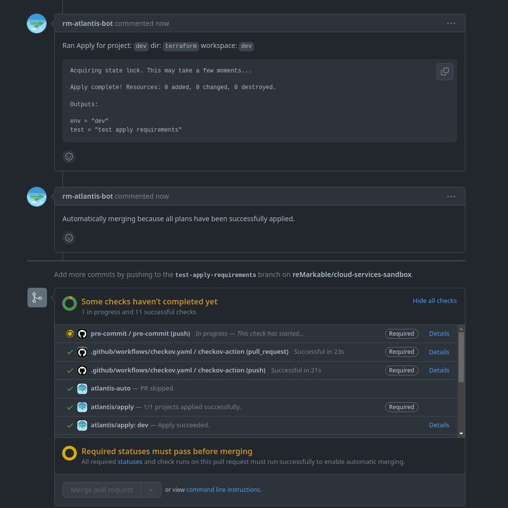 Atlantis able to apply when apply requirements are set to mergable, and ...