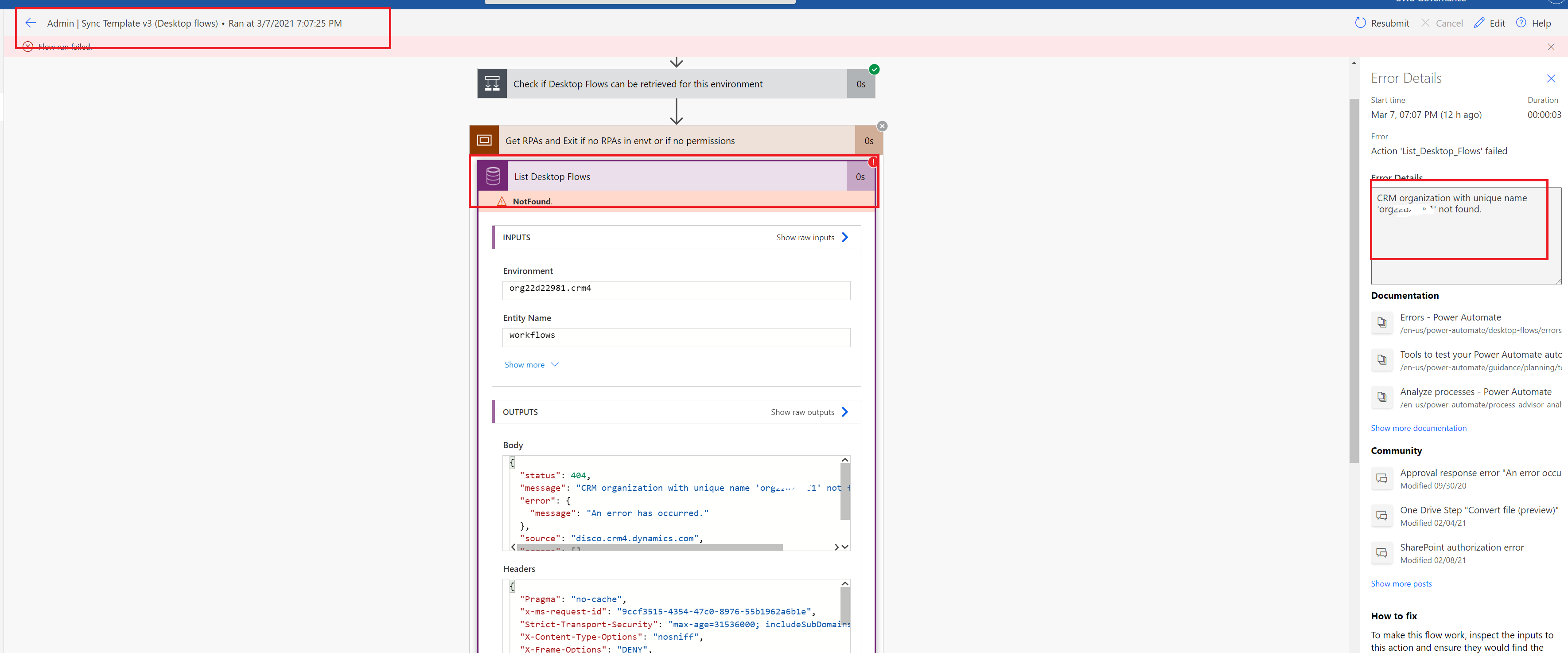 Admin | Sync Template v3 (Desktop flows): CRM organization with unique name 'orgx2dxx98x' not ...