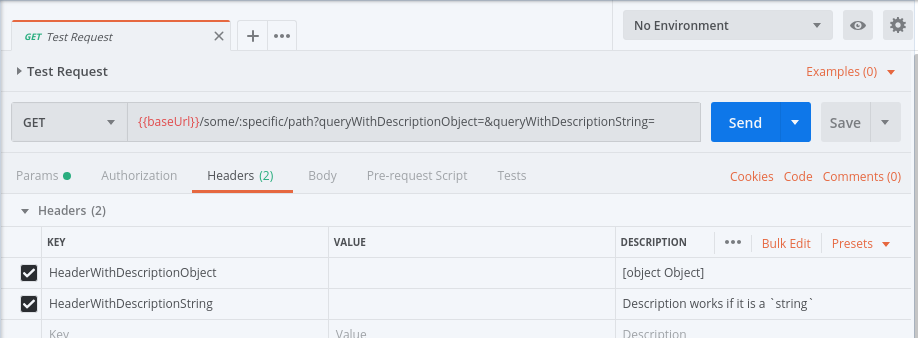 Collection Import: query parameter and header description object is ...