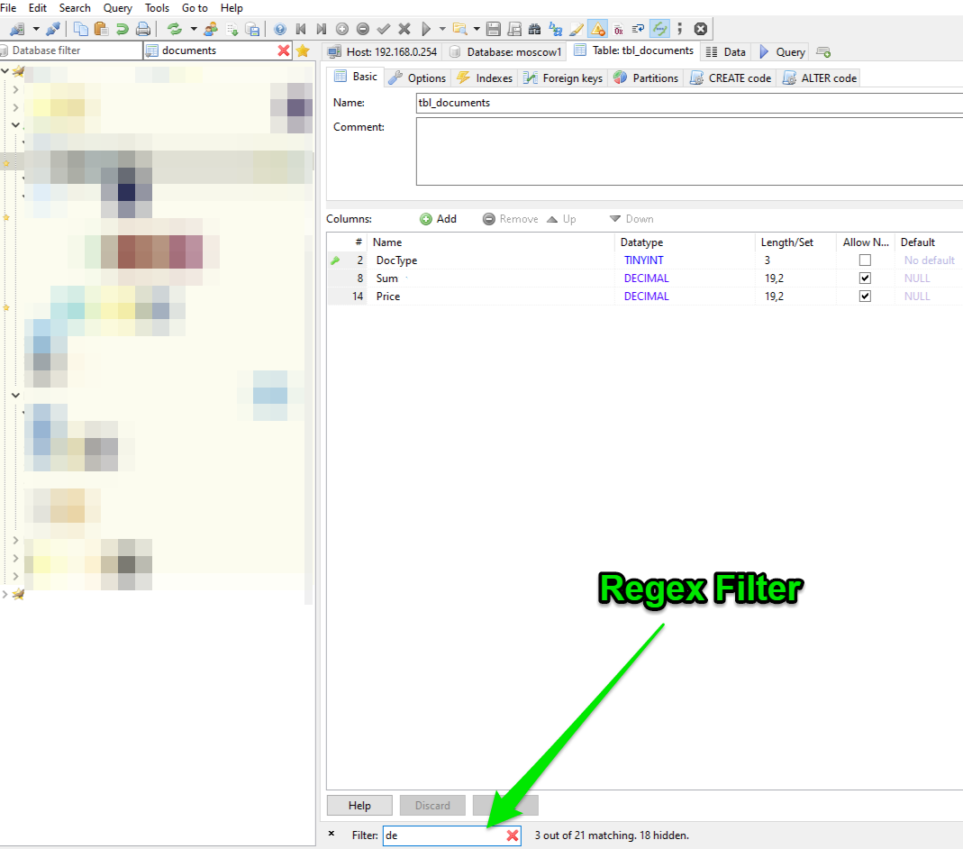 Table Field Regex filter would better be cleared when user switches ...