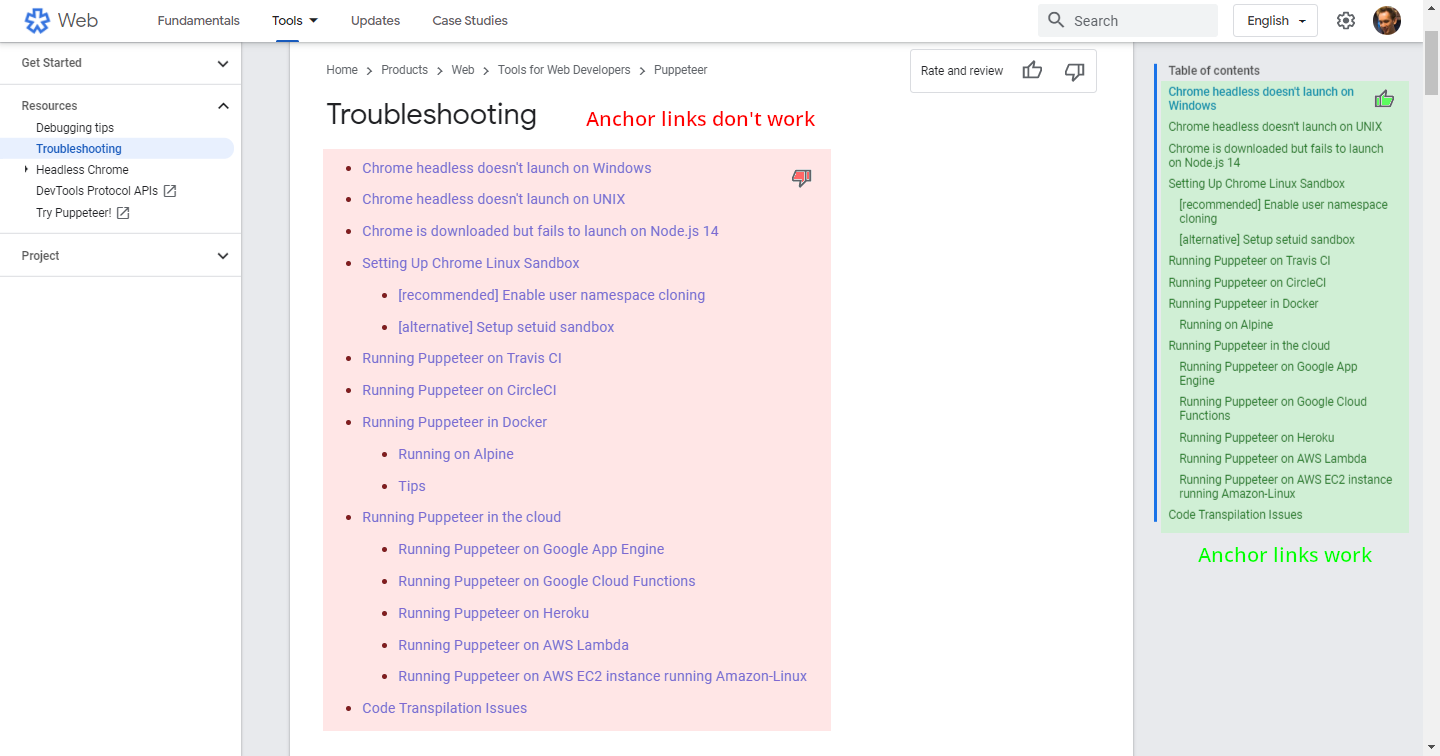 Auto-generated page has broken anchor linking (Puppeteer > Troubleshooting) · Issue #9248 ...