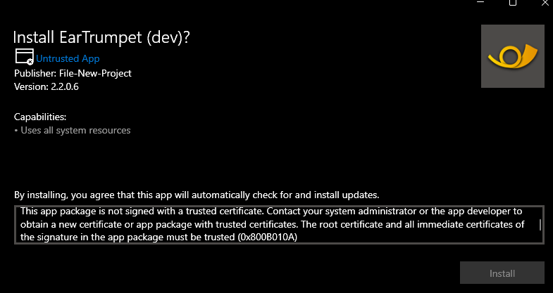 Can't install dev build · File-New-Project EarTrumpet · Discussion #1237 · GitHub