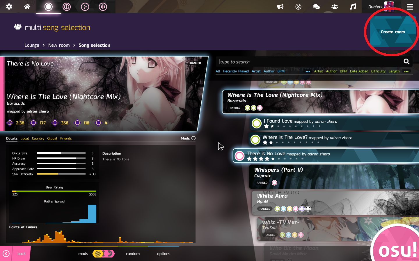 "Create room" button remains visible in multiplayer song selection ...