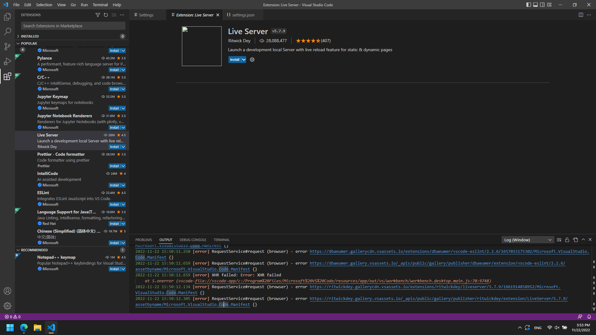 XHR Failed on trying to install plugins via Visual Studio code · Issue #34385 · microsoft/vscode ...