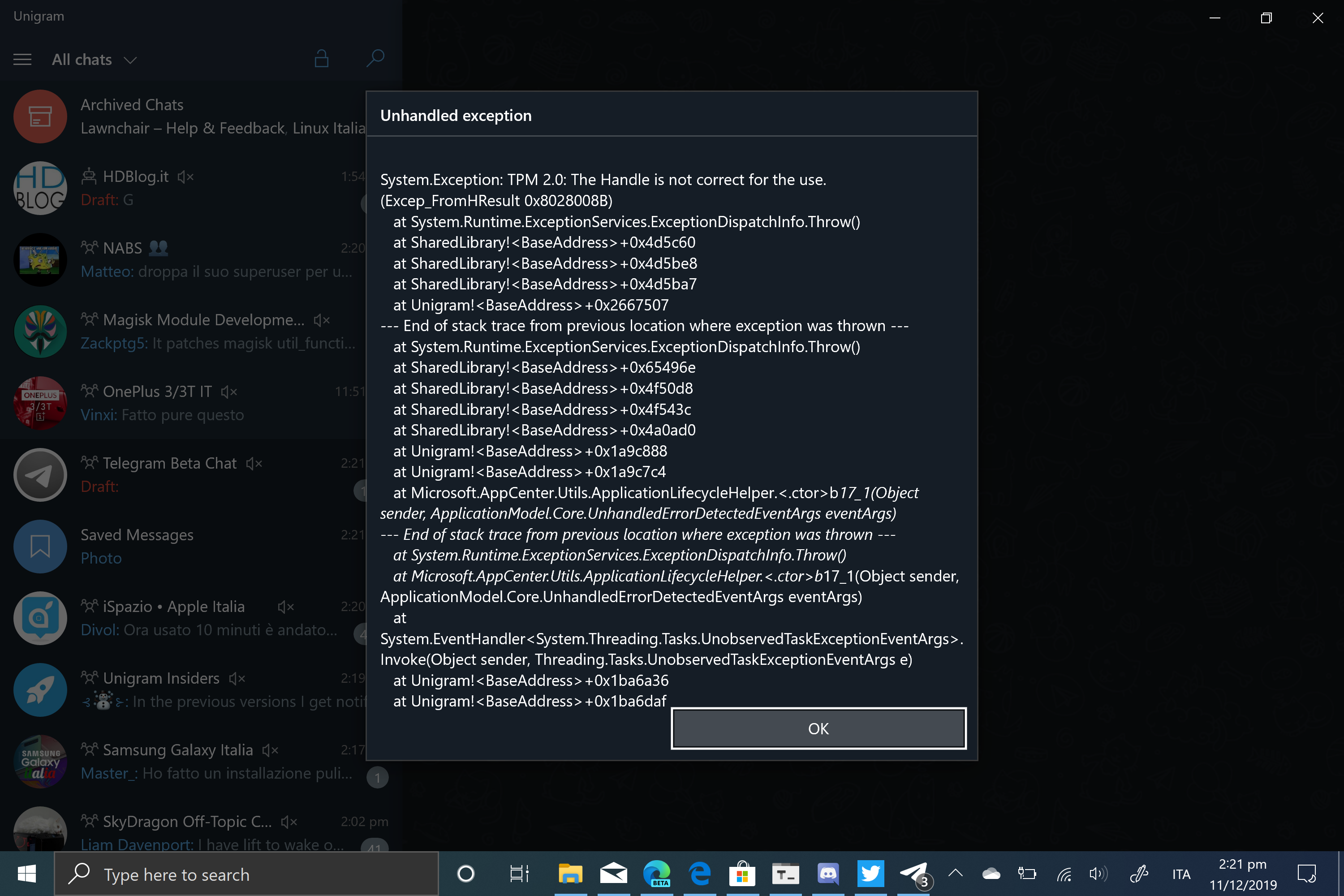 Unhandled exception with Windows Hello login · Issue #1262 · UnigramDev/Unigram · GitHub