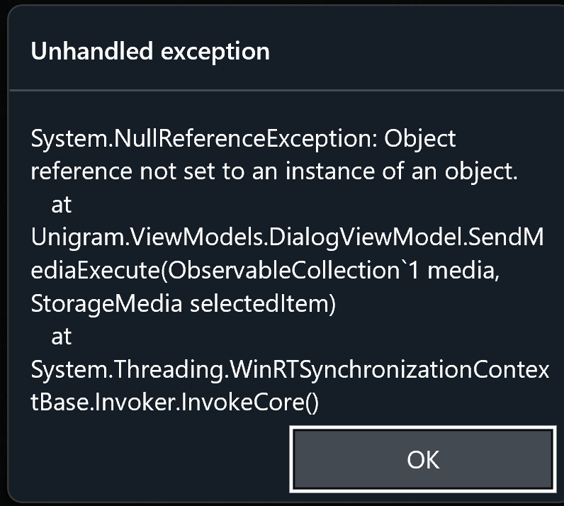 Exception when sending a picture from in-app camera · Issue #1583 · UnigramDev/Unigram · GitHub