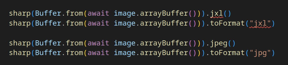 jxl() and toFormat("jxl") are not in TypeScript definition · Issue #3505 · lovell/sharp · GitHub