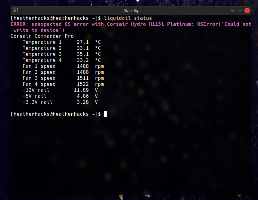 ERROR: unexpected OS error with Corsair HYdro H115i Platinum: OSError('Could not write to device ...