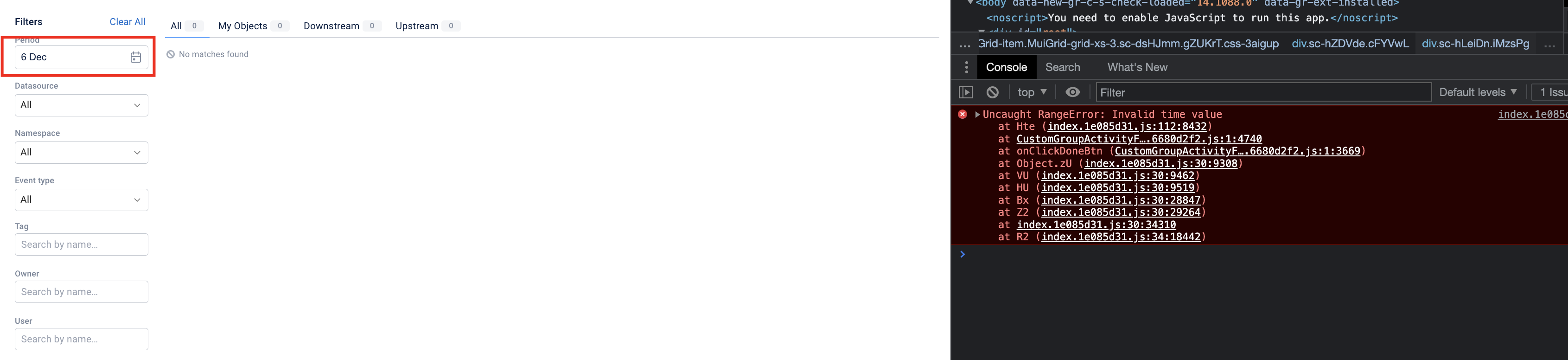 Error in the console in the activities section when selecting one day in the Period filter ...